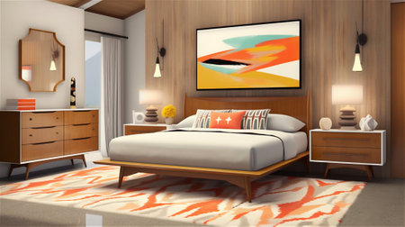 Bedroom Design Concept Draws Inspiration From The Mid century Modern Style With A Low slung Platform Bed Teak Dresser And Vintage Nightstands. The Warm Colors And Geometric Patterns Of The Bedding